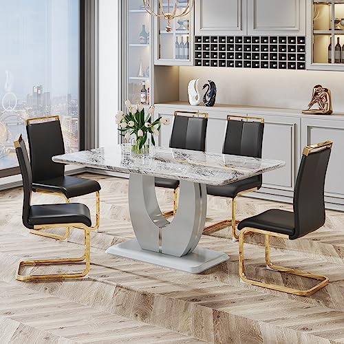 JUFU Modern Dining Table Set for 6,Rectangula Kitchen Table Set with Faux Marble Tabletop&6 Pu Leather Upholstered Chairs Ideal for Dining Room, Kitchen