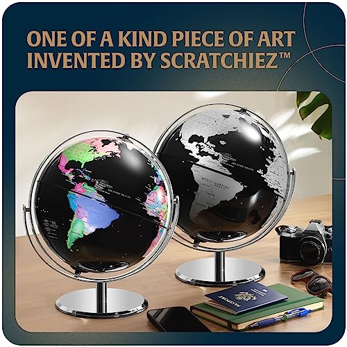 Scratch Off World Globe with Stand for Home and Office Decor | 10” Sphere Earth Globes with Scratchable Foil | A Unique Travel Gift for Travelers | World Map Desktop Globe | Travel Map Scratch Map (Globe - Black & Silver)