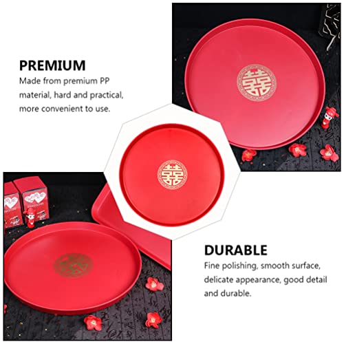 jojofuny Chinese Wedding Serving Tray Platter: Red Fruit Plate Round Tea Tray Large Plastic Snack Dishes for Chinese Traditional Wedding Decoration Supplies
