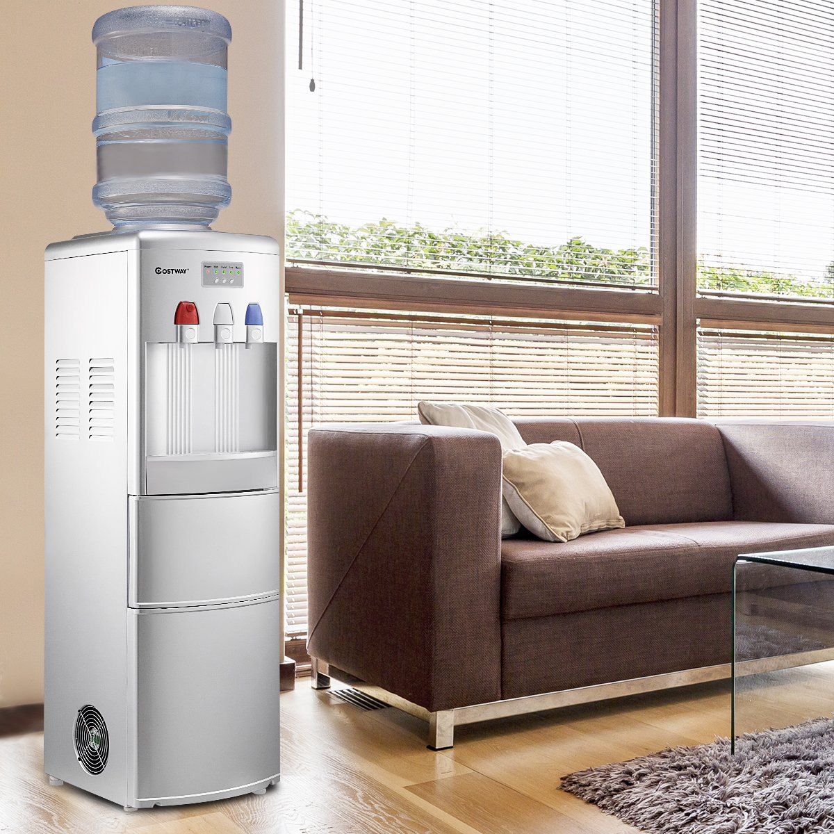 COSTWAY 2-in-1 Water Cooler Dispenser with Built-in Ice Maker, Freestanding Hot Cold Top Loading Water Dispenser, 27Lbs/24H Ice Maker Machine with Child Safety Lock, Silver