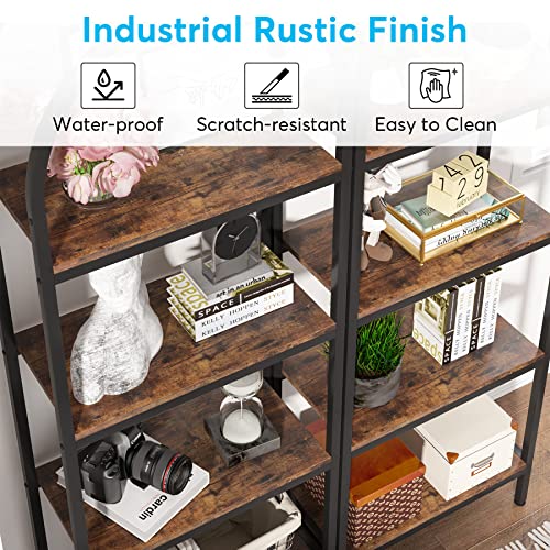 LITTLE TREE 4-Tier Arched Bookshelf, Tall Open Bookcase Storage Shelves, Wood Metal Freestanding Display Rack Tall Shelving Unit for Home Office, Bedroom, Living Room, Rustic Brown