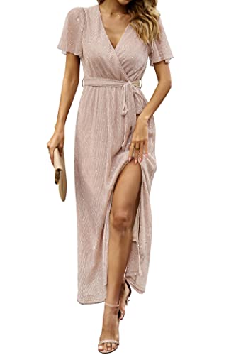 PRETTYGARDEN Women's Summer Maxi Glitter Dress Wrap V Neck Ruffle Sleeve Cocktail Party Long Dresses with Slit (Champagne,Large)