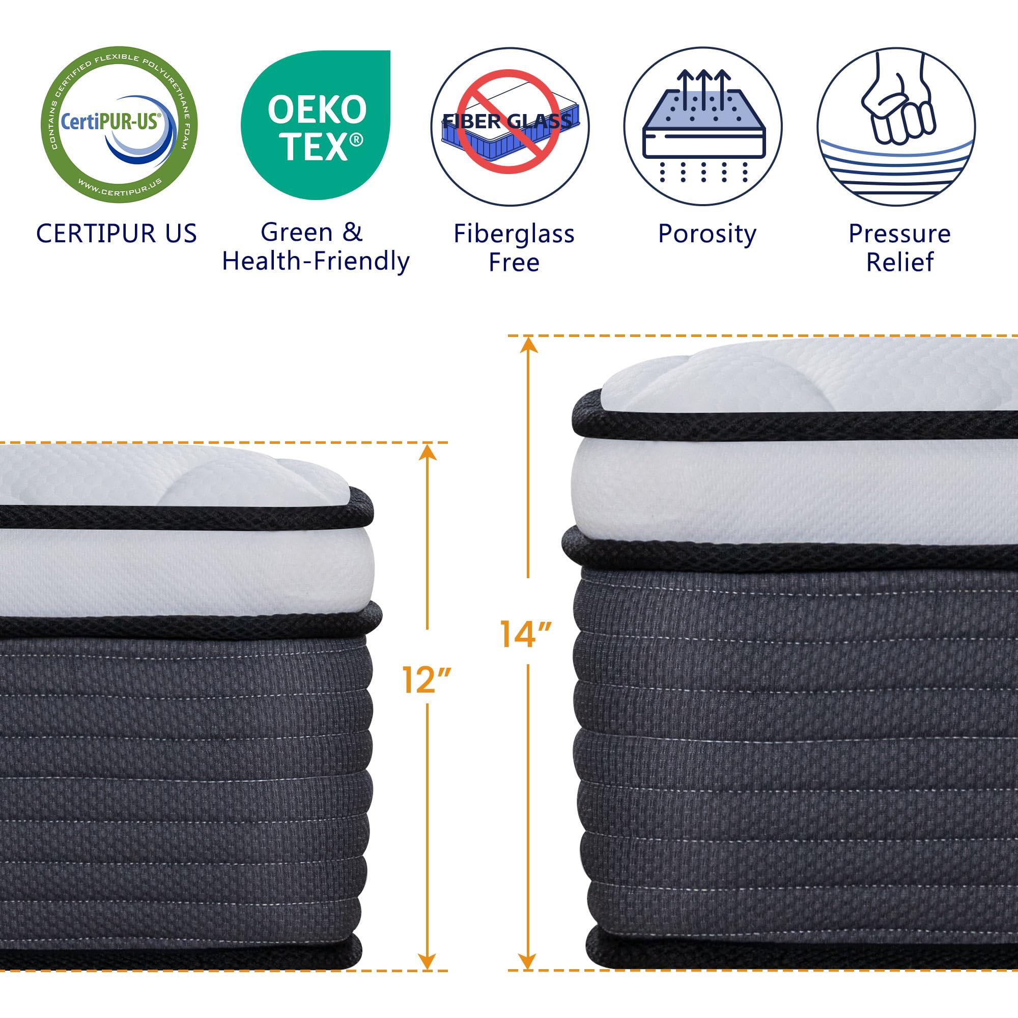 PAMYO King Mattress, 14 Inch Memory Foam Hybrid Pocket Spring Mattresses in a Box, Medium Firm Breathable Pillow Top Pressure Relief, CertiPUR-US Certified