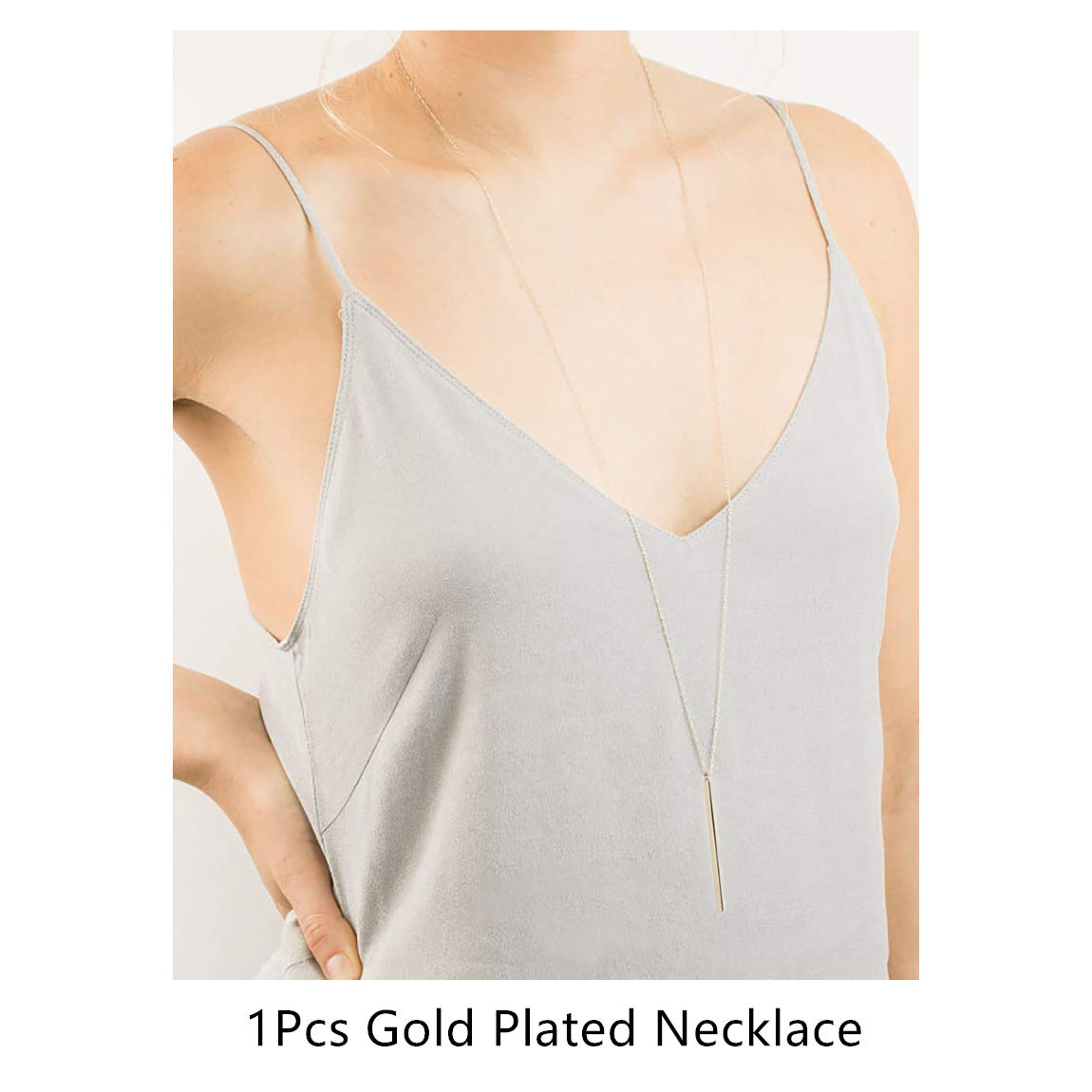 CULOVITY Simple Bar Pendant Necklace Long Lariat Chain Polished Jewelry for Women, 2.4" Pendant 35" Chain Goldtone 1Pcs