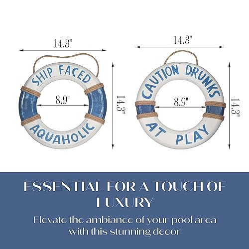 MEANT2TOBE Tiki Bar Hut, Hand Carved Buoy Cute Lifesaver Rings “Ship Faced Aquaholic” & “Caution Drunks at Play”, Sign Pool Decorations, Beach Décor Life Ring, Tiki Bar Decorations