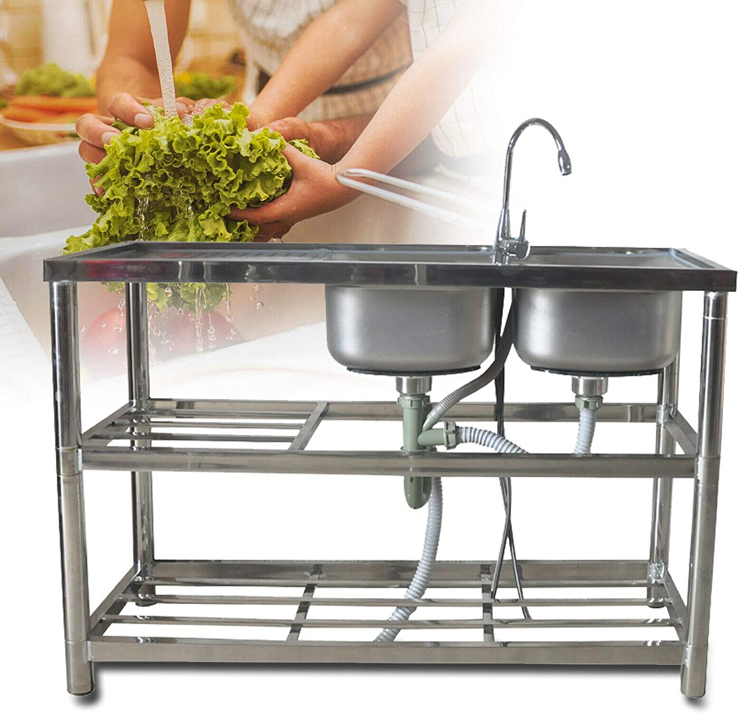 Commercial Restaurant Sink,Stainless Steel Utility Sink Free-standing Kitchen Sink,Double Bowl Kitchen Sinks with Strainer,304 Stainless Steel Freestanding Kitchen Sink