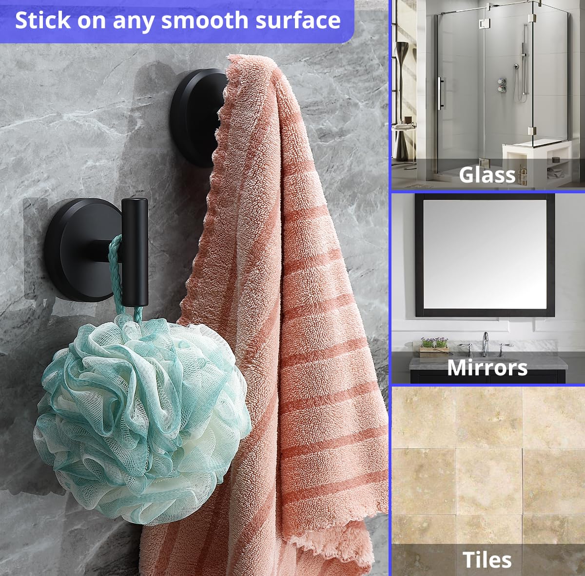 HOME SO Suction Cup Hooks T Shape for Shower, Bathroom, Glass Door, Mirror, Tile β Loofah, Towel, Coat, Bath Robe Hook Holder for Hanging up to 15 lbs β Waterproof & Rustproof, Black Matte (2-Pack)