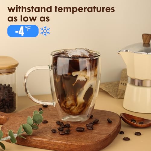 Liuruiyu Glass Coffee Mug Set of 4 Double Wall Clear Mugs, Insulated Coffee Cups with Handle Fits for Cappuccino, Tea, Espresso - 12oz