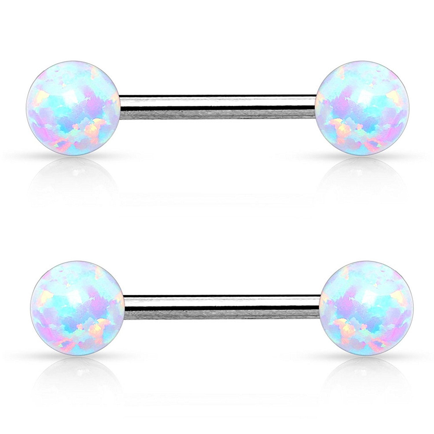 Covet Jewelry 14 Gauge Internally Threaded Opal Balls on Both Sides 316L Surgical Steel Nipple Bar (Opal White)