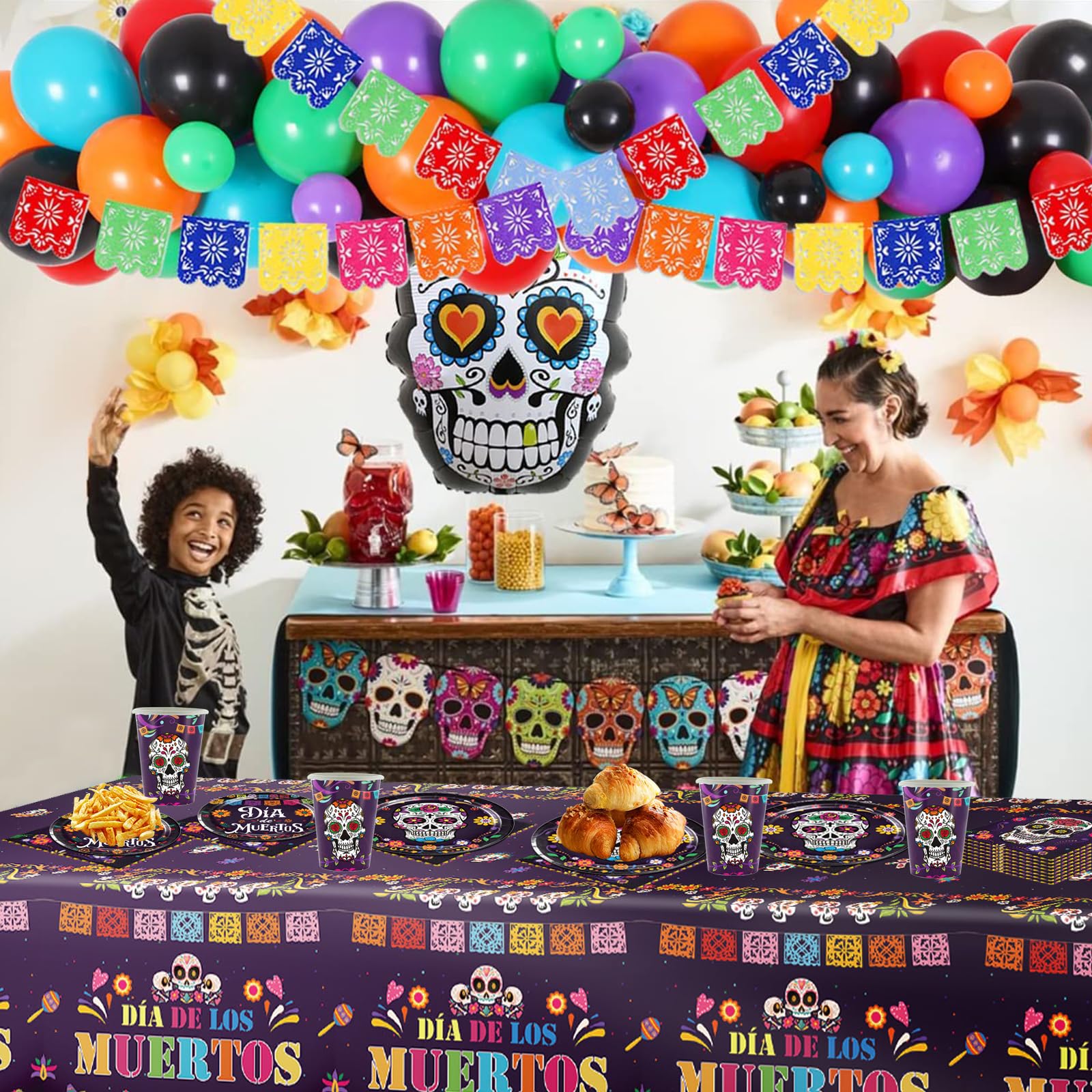 Day of the Dead Party Tableware Set,Sugar Skull Dia De Los Muertos Tableware Include Plates,Napkins,Cups and Tablecloth for Mexican Party Fiesta Decoration Supplies(Serve 16)