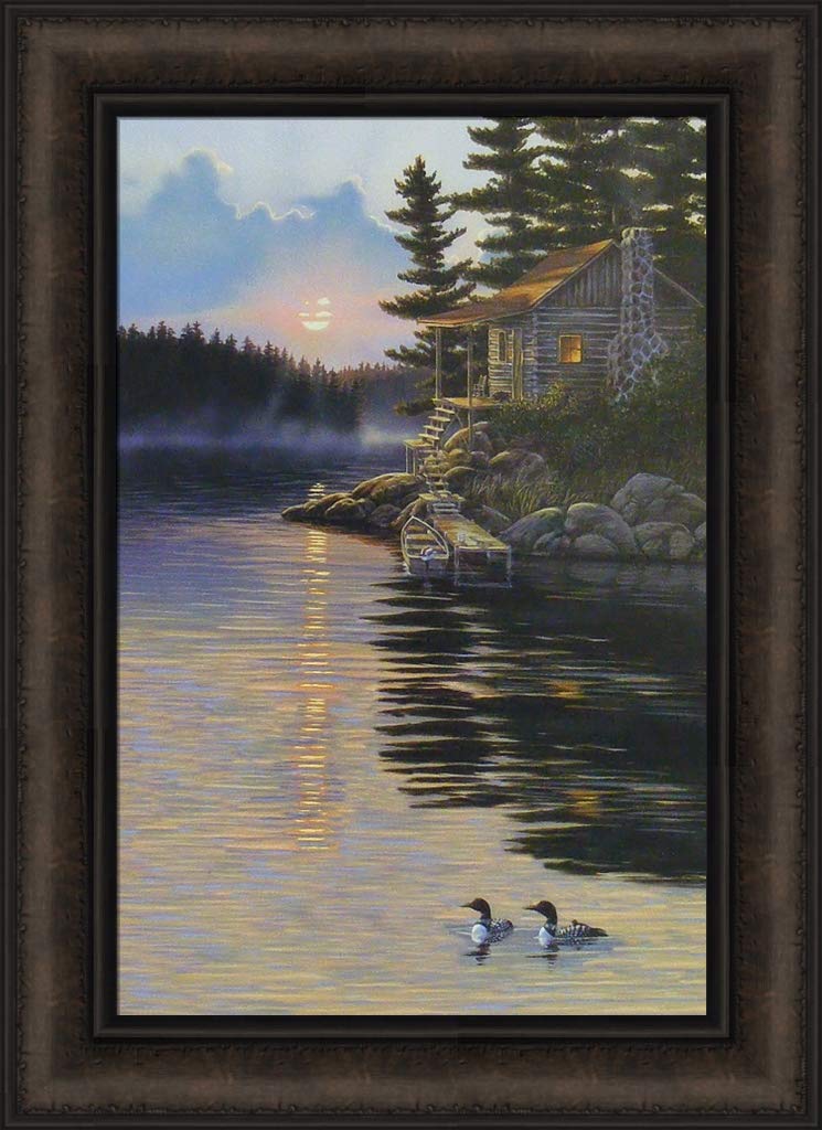 Day's End by Rick Kelley 16x22 Cabin Loons Lake Sunset Framed Art Print Wall Décor Picture