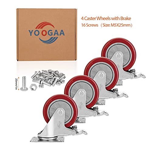 YOOGAA 5" Heavy Duty Caster Safety Dual Locking Swivel Caster Wheels with Screw Total Capacity 1500lbs (Set of 4 with Brake)…