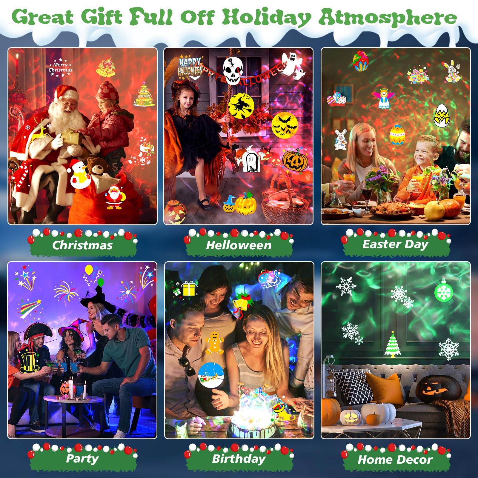 Christmas Projector Lights Outdoor 2-In-1 64 HD Effects Patterns & 3D Ocean Wave Snowflake Christmas Holiday Projector Light Waterproof IP65 with Remote Control Timer Home Garden Party Xmas Decor Gift