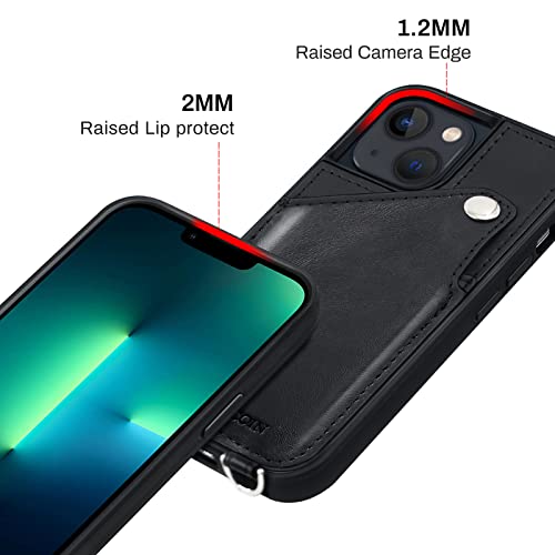 LUCKYCOIN for iPhone 13 Mini Crossbody Case Genuine Leather Card Slot Holders Wallet Protective Case Adjustable Leather Strap Lanyard Compatible with 2021 New Apple iPhone 13 Mini 5.4 inch Black