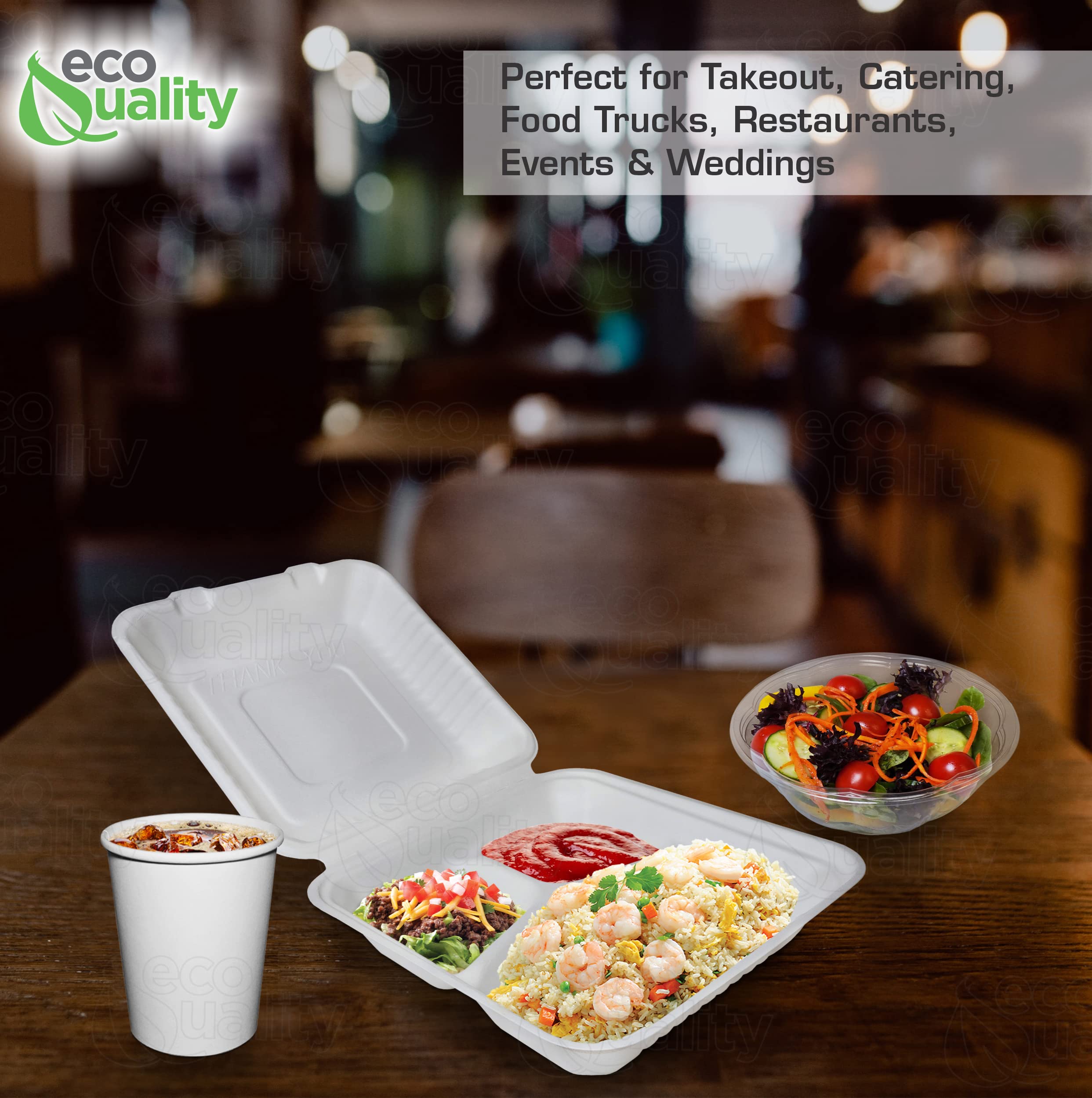 Compostable 3-Compartment Hinged Clamshell Take Out Food Containers 9x9x3,Heavy Duty Quality Square Disposable to go Containers, Eco-Friendly Takeout Box, Restaurants, Food Trucks (25)