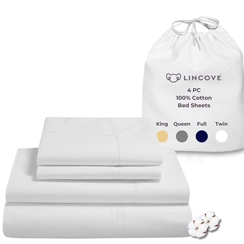 Lincove 100% Cotton Sateen 4 Piece Bed Sheet Set – 400 Thread Count, Ultra Soft Luxury Sheets with 15” Deep Pockets - Includes 1 Fitted Sheet, 1 Flat Sheet, 2 Pillowcases (King, White)
