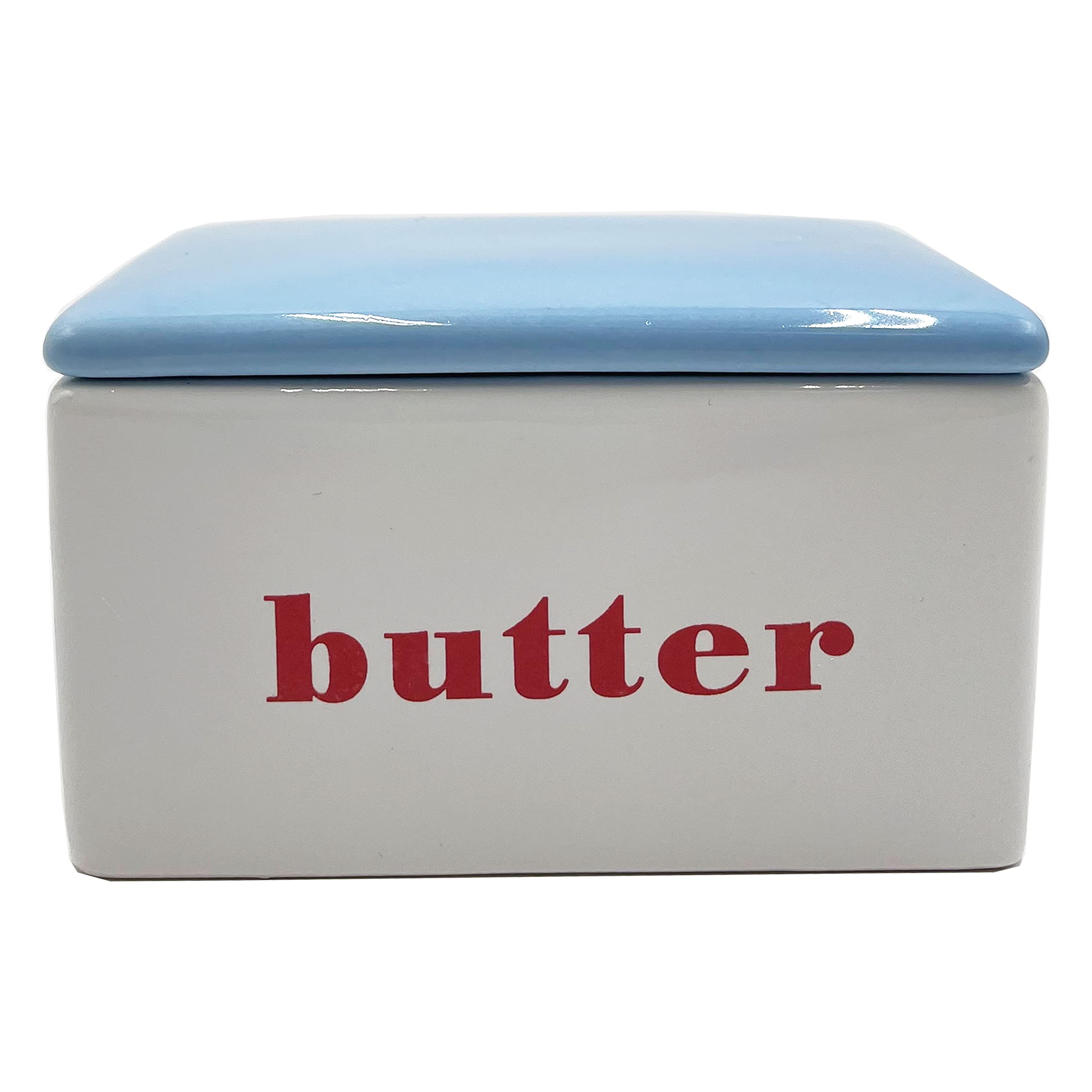 First of a Kind Ceramic Butter Box, Red, White & Blue - Vintage Butter Keeper Dish with Lid - Farmhouse Kitchen Decor - Butter Storage Container for Refrigerator - Butter Holder Container Box