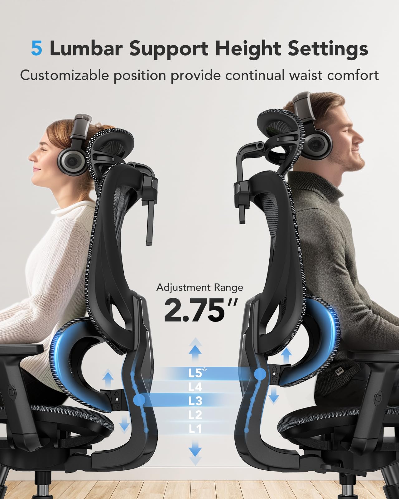 HUANUO Ergonomic Mesh Office Chair, High Back Desk Chair with 5-Level Lumbar Support, Adjustable Headrest, Armrests, Rocking Tilt, Computer Mesh Chair for Home Office Gaming