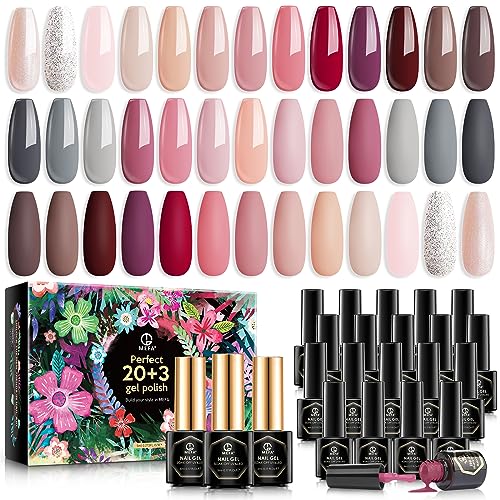 MEFA 23 Pcs Gel Nail Polish Kit, 20 Colors Nude Pink Glitter All Seasons Collection Skin Tone Bubble Bath Gel Polish Nail Kit with Glossy & Matte Top Base Coat Nail Art Manicure DIY Salon Gift for Women