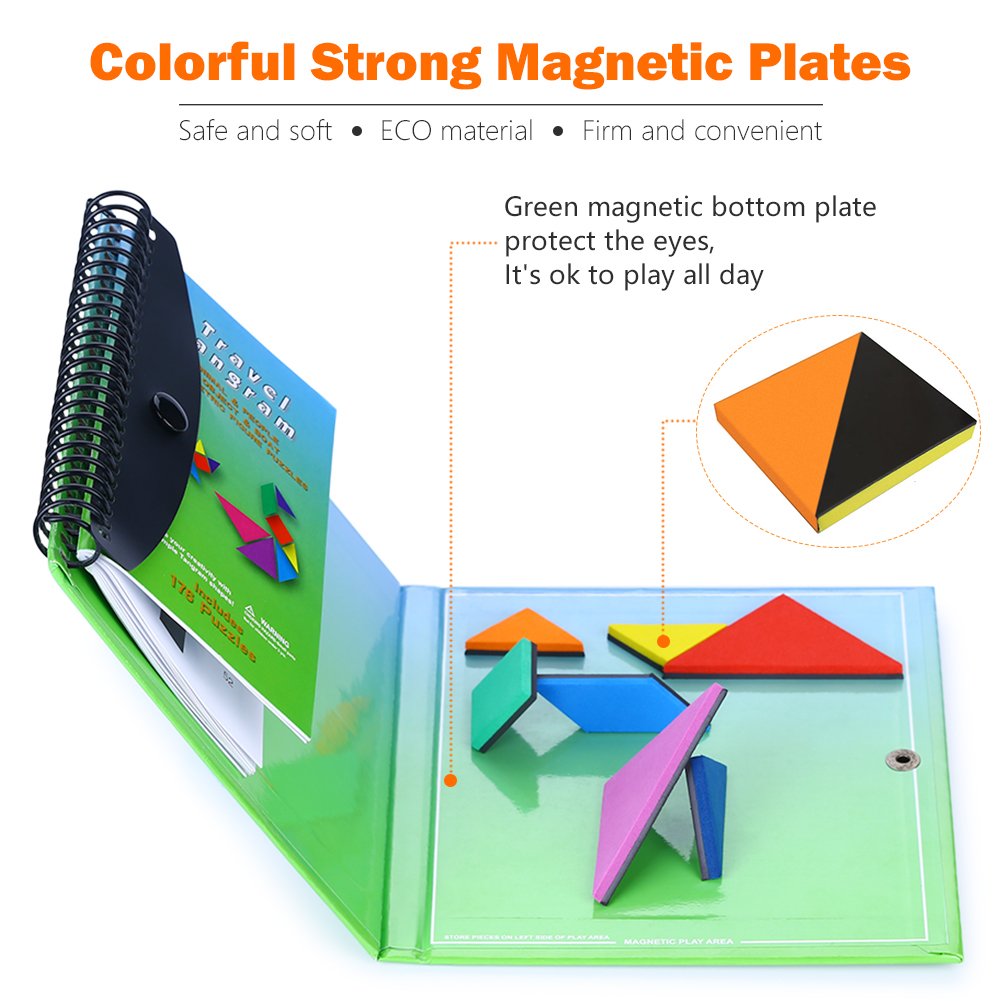 Wallxin Travel Tangram Puzzle - Magnetic Pattern Block Book Road Trip Game Jigsaw Shapes for Kids Adult Challenge IQ Educational Toy Gift Brain Teasers-2 Set of Tangrams