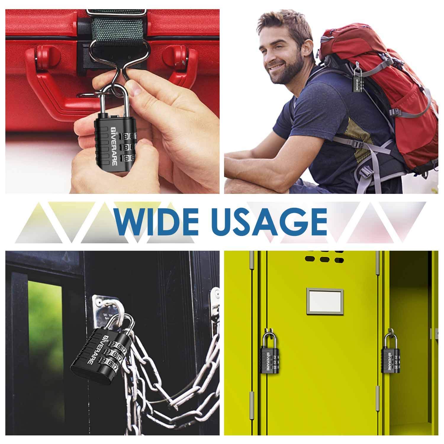 GIVERARE 8 Pack Combination Lock, 3-Digit Padlock Keyless, Resettable Luggage Locks for Backpack, Gym & School & Employee Locker, Weatherproof Travel Lock for Fence, Backyard Gate, Hasp, Case-Black