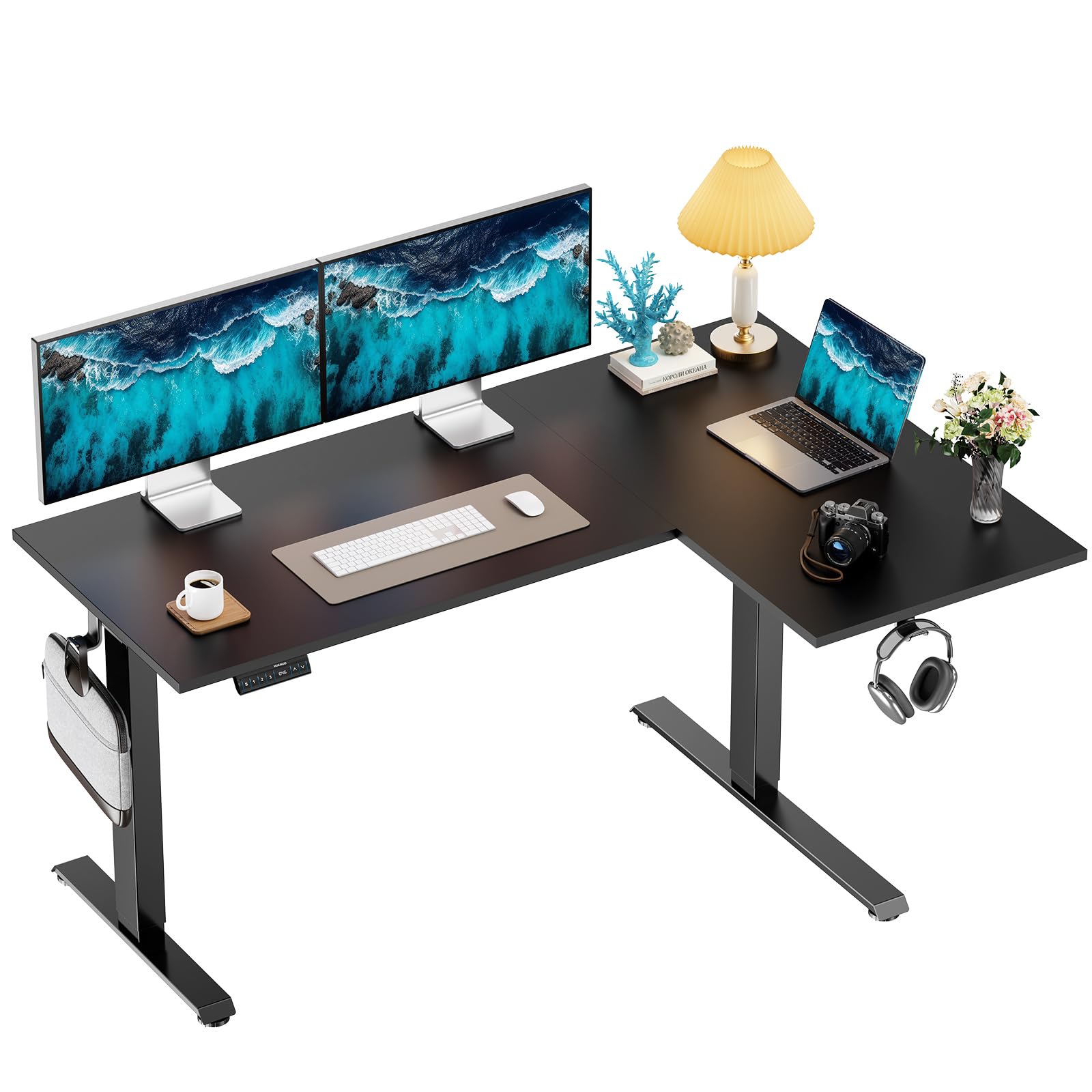 HUANUO L-Shaped Standing Desk, 63 x 40 inch Dual Motor Corner Standing Desk, Electric Height Adjustable Computer Desk with Cable Tray & 3 Preset Heights, Raising Desk for Home Office, Black, HNESD109