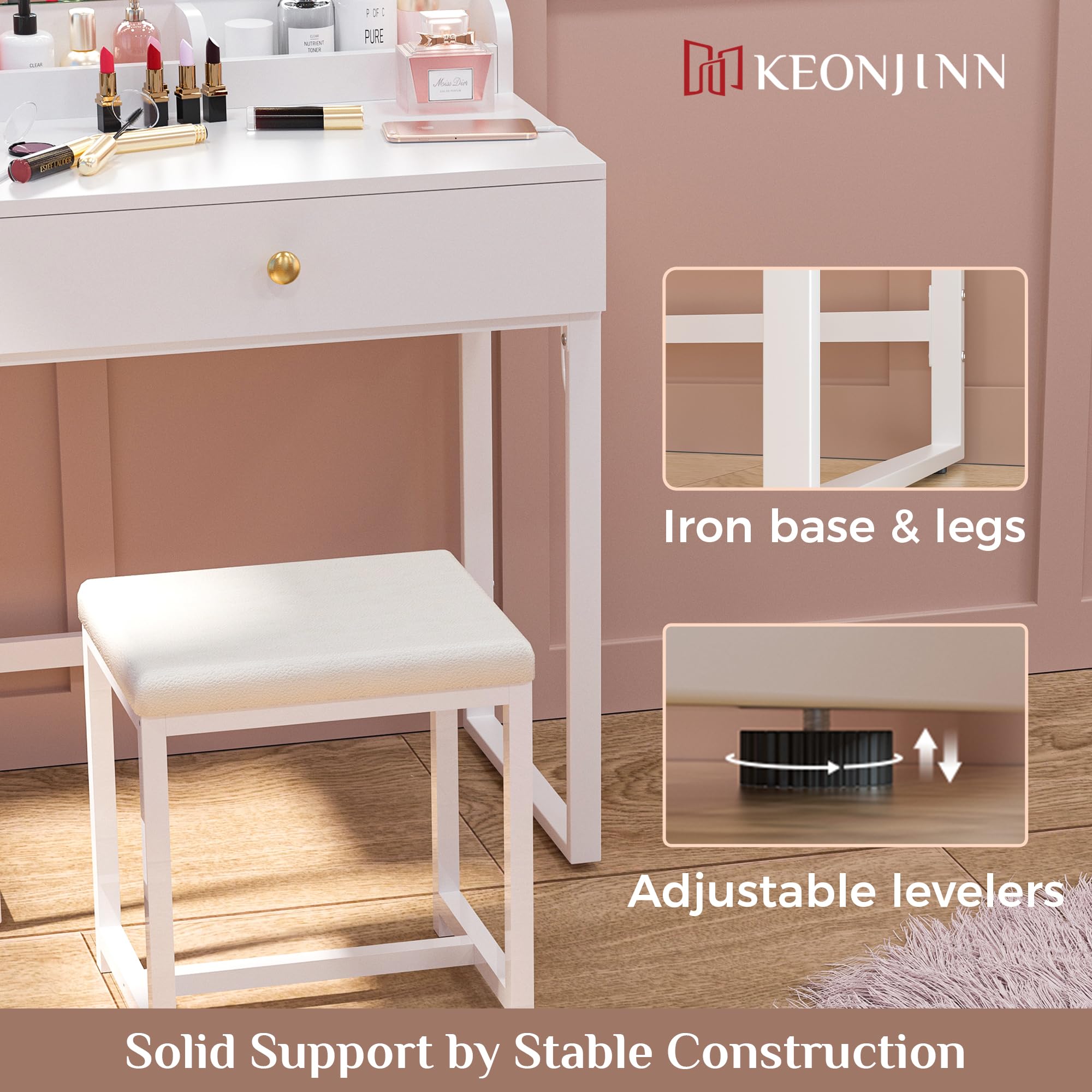 Keonjinn White Vanity Mirror with Lights, LED Makeup Vanity Desk with Large Drawer & 2 Makeup Trays & Chair, 7000 Lux Vanity Table with Lighted Mirror & Power Outlet, CRI>90 Vanity Set for Bathroom