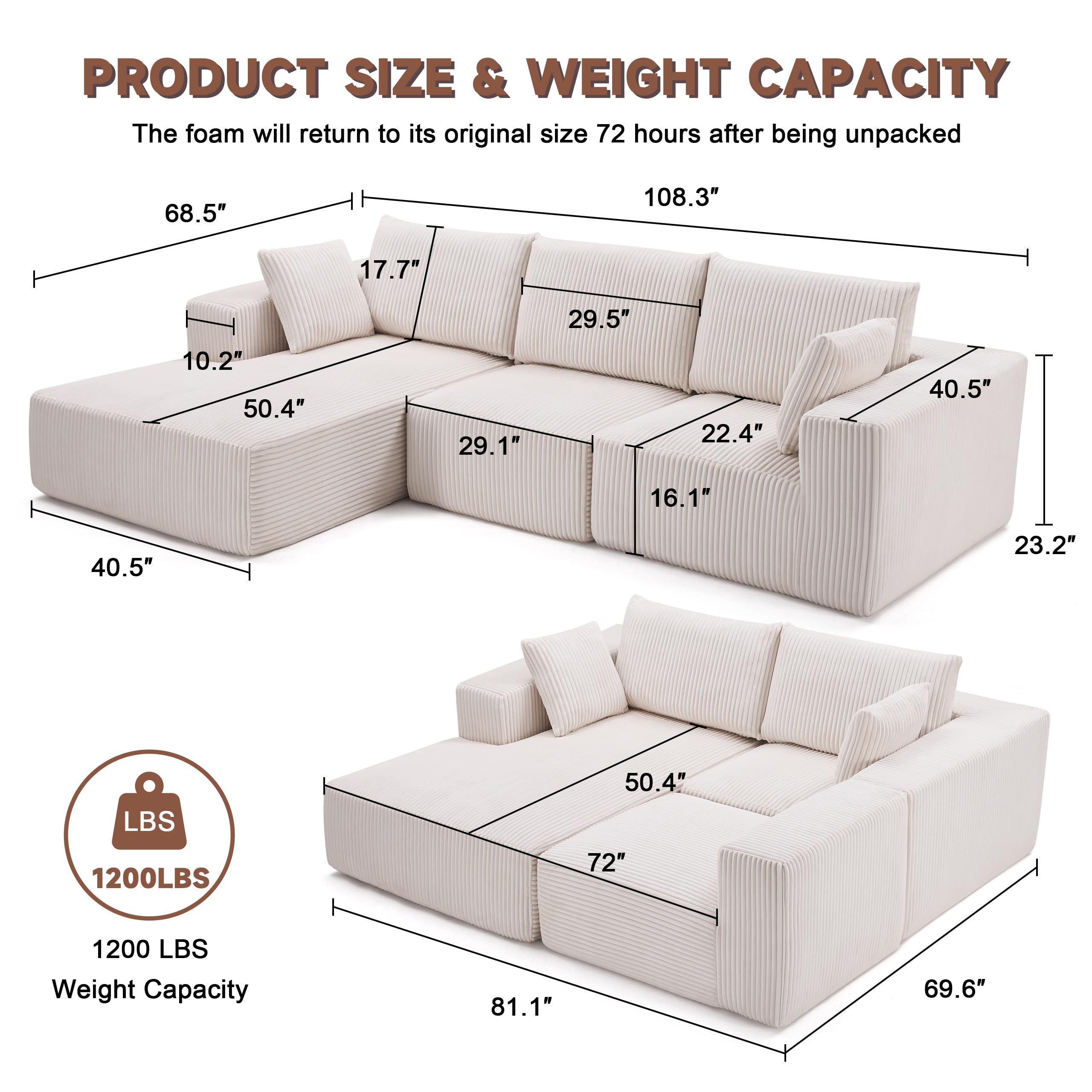Huatean Home 108” Modular Sectional Sofa, Sponge Sectional Sofa Couch for Living Room, Modular L-Shape Sofa Couch with Chaise, Beige