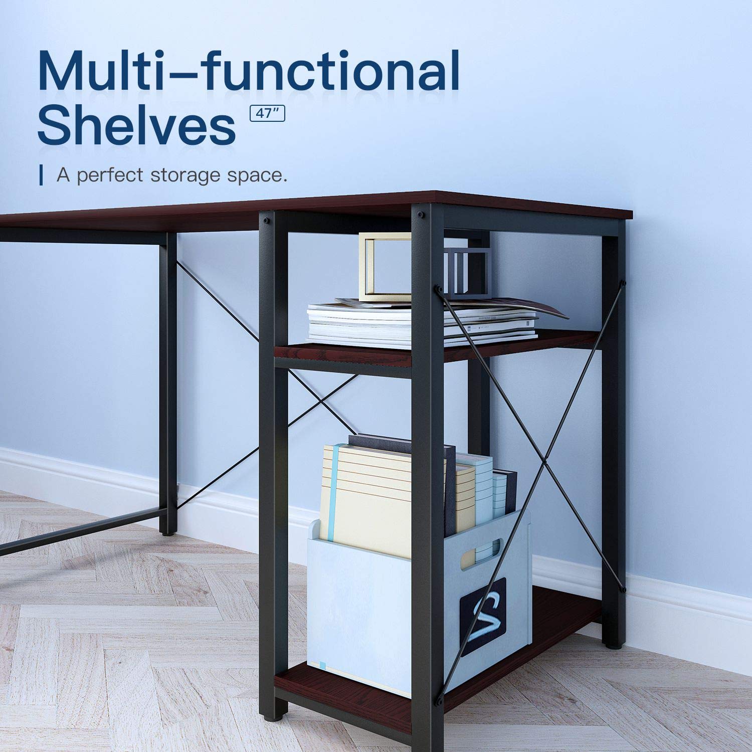 Computer Desk with Shelves,47" Modern Sturdy Writing Desk for Home Office,Office Desk with Bookshelf,African Walnut