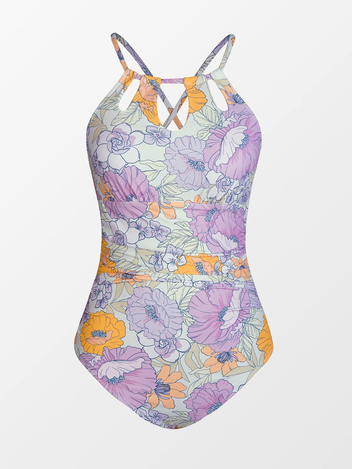 CUPSHE Women Swimsuit One Piece Tummy Control Ruched Self Tie Cutout Floral Bathing Suit, M Lavender