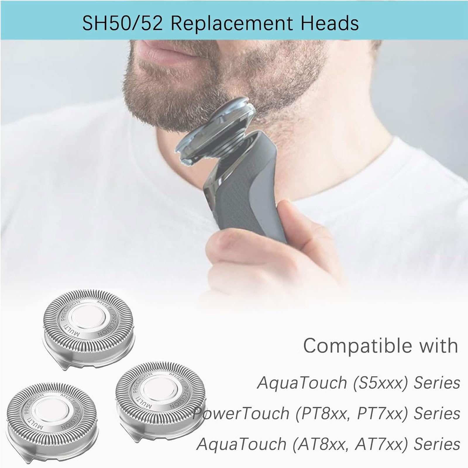 Gleway SH50/52 Replacement Heads Compatible with Philips Series 5000 Electric Shavers, SH50 MultiPrecision Blades Upgrade Heads Compatible with Norelco Series 5000 Razors, 3 Pack with Brush