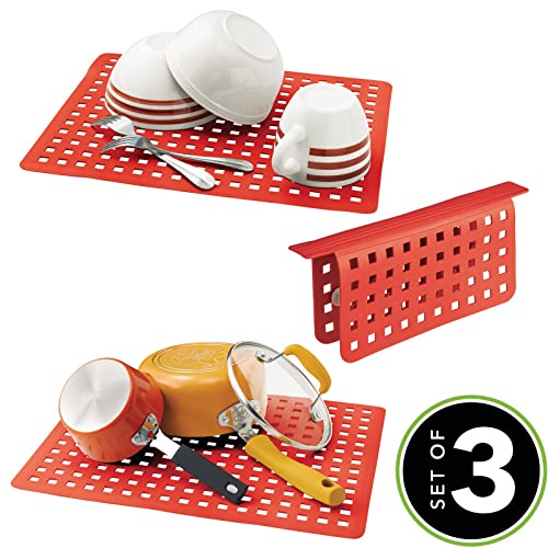 mDesign Decorative Kitchen Plastic Sink Protector Set - Protect Surfaces and Dishes - Quick Draining, Modern Slotted Design - Includes 1 Saddle, 2 Large Mats - Set of 3 - Red