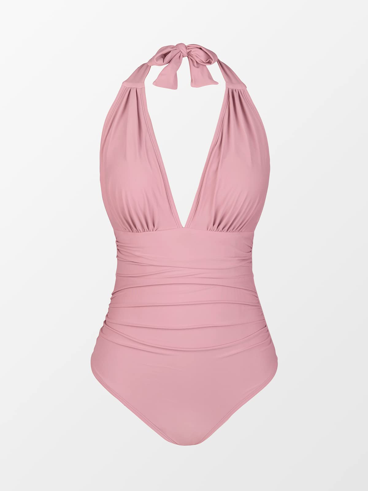 CUPSHE Women V Neck One Piece Swimsuit Halter Backless Ruched Tummy Control Bathing Suit, M Dusty Pink