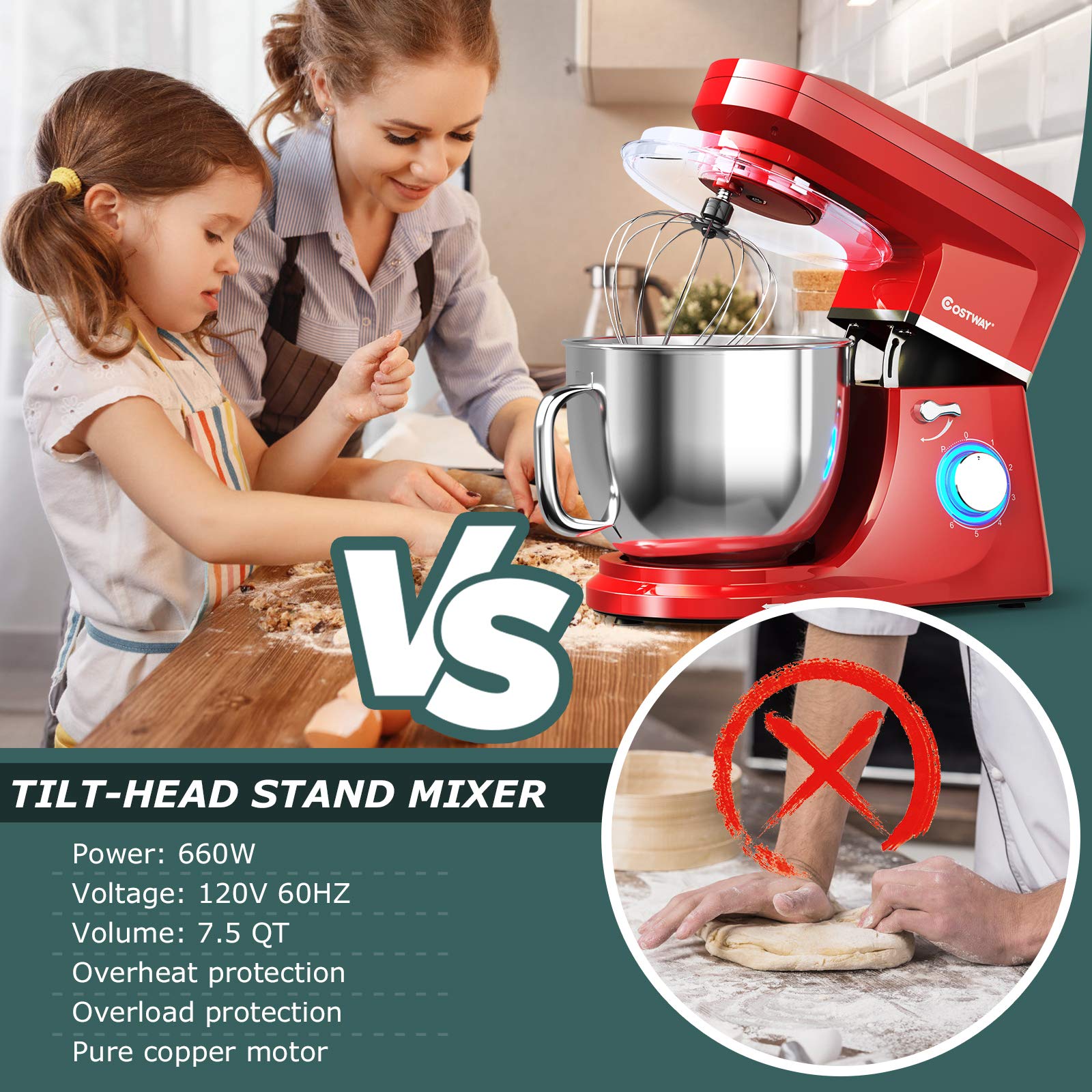COSTWAY Stand Mixer, 7.5 Qt 6-speed 660W Tilt-Head Food Mixer with Pulse Function, Dough Hook, Whisk, Beater, Stainless Steel Bowl & Splash Guard (Red)