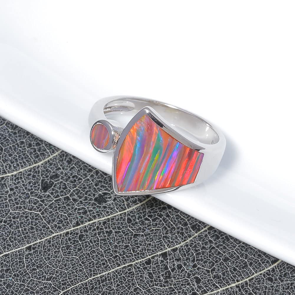 CiNily Sterling Silver Plated Orange Fire Opal Ring Women Jewelry Gemstone Ring Size 7