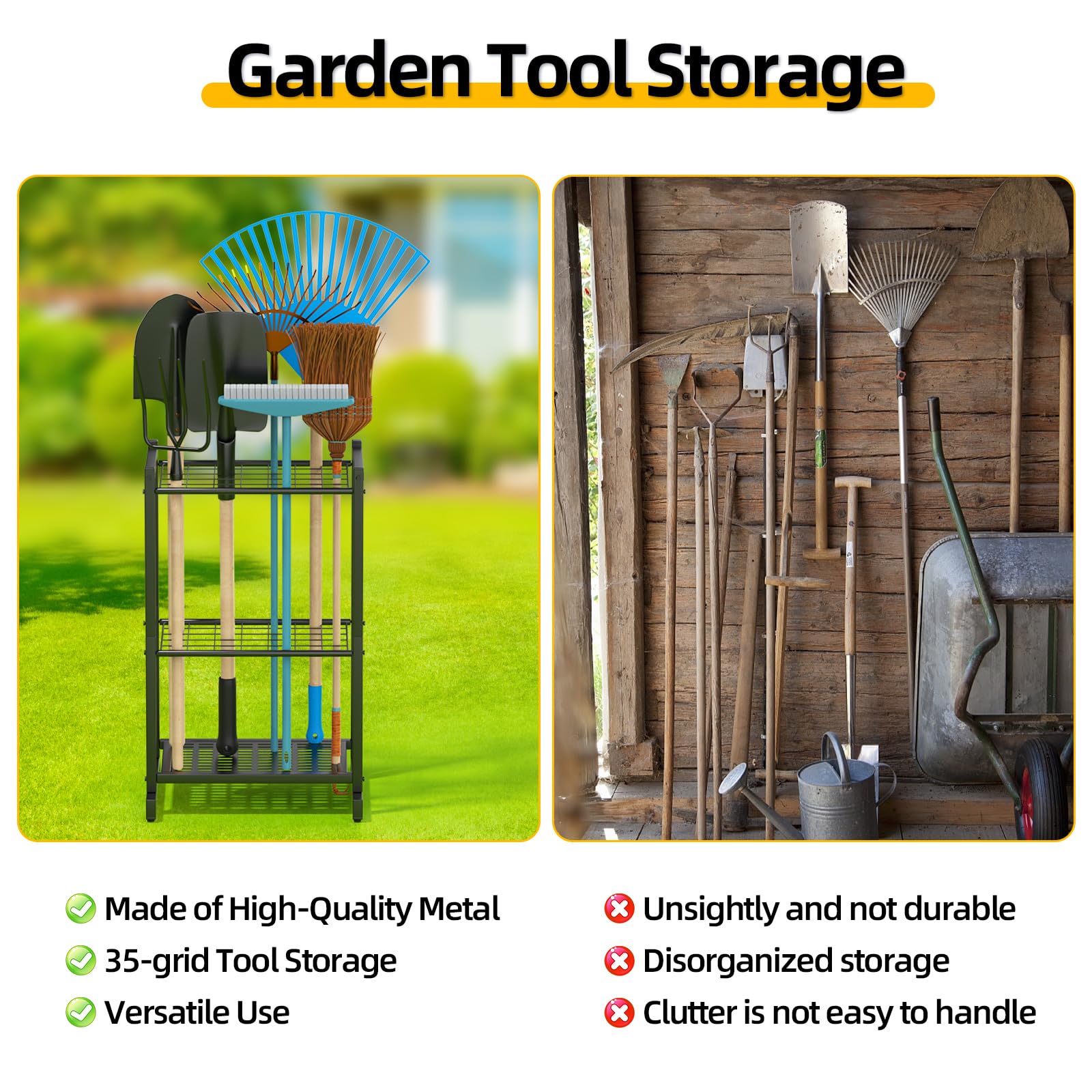 KDSOM Garden Tool Organizer for Garage,Garden Tool Storage Rack with Wheels,Yard Tool Holder for Garage, Shed, Outdoor, Tool Stand