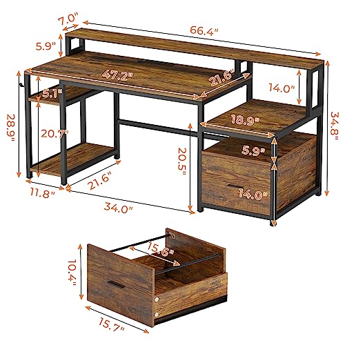 SEDETA Home Office Desk with File Drawer & Power Outlet, 66'' Computer Desk with Storage Shelves, Printer Cabinet and Monitor Shelf, Computer Table Writing Desk Workstation, Rustic Brown