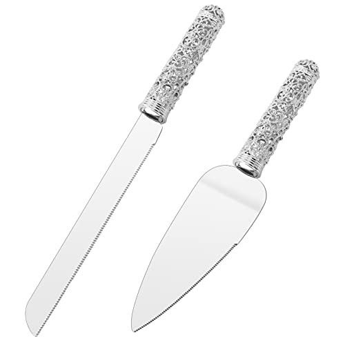 Jozen Gift Wedding Silver Cake Knife and Server Set - 2 Pcs Dessert Set Metal Handle with Crystal Stones Decoration for Wedding, Anniversary Party Birthday Banquets,Gifts for Bride and Groom