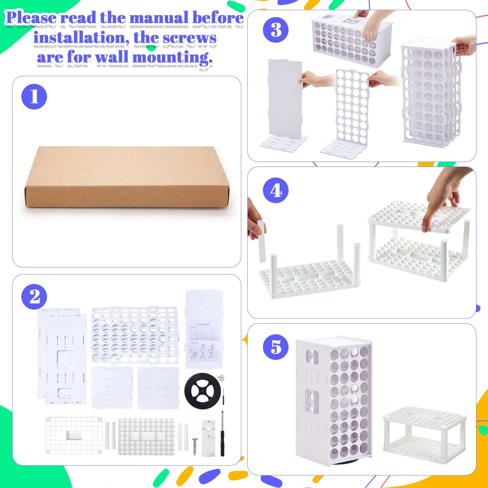 Juexica Acrylic Paint Organizer Craft Paint Storage for 2 oz Craft Paints with Paintbrush Stand Vertical Paint Organizer Holder Wall Mounted Stand Plastic 360 Spinning Paint Storage Tower(72 Holes)