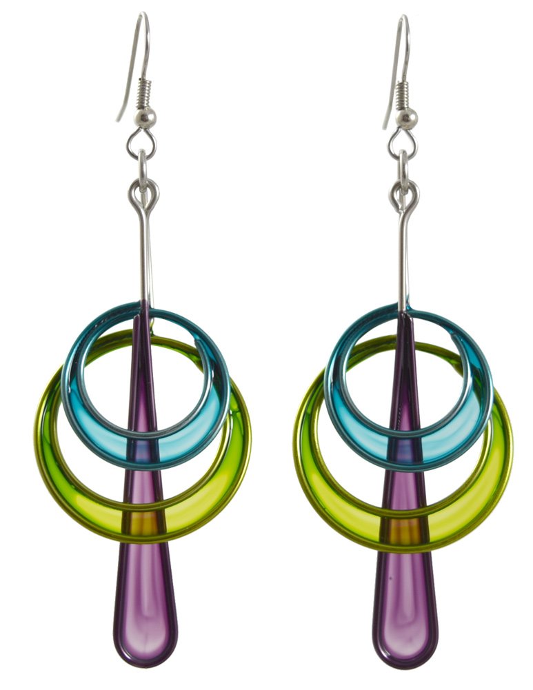 Christopher Royal Kinetic-Inspired Stainless Steel Art Earrings, 3” Double Orbit Drops – Purple, Blue Green