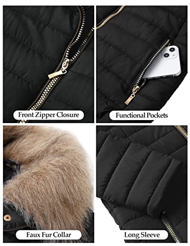 Vetinee Women Casual Faux Fur Lapel Zip Pockets Quilted Parka Jacket Puffer Coat Black XX-Large (Fits US 18-US 20)