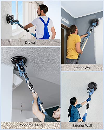 Handife Drywall Sander 800W 7A with Vacuum Auto Dust Collection, Variable Speed 800-1800RPM Power Double-Deck LED Lights, Extendable Handle, Carrying Bag Blue