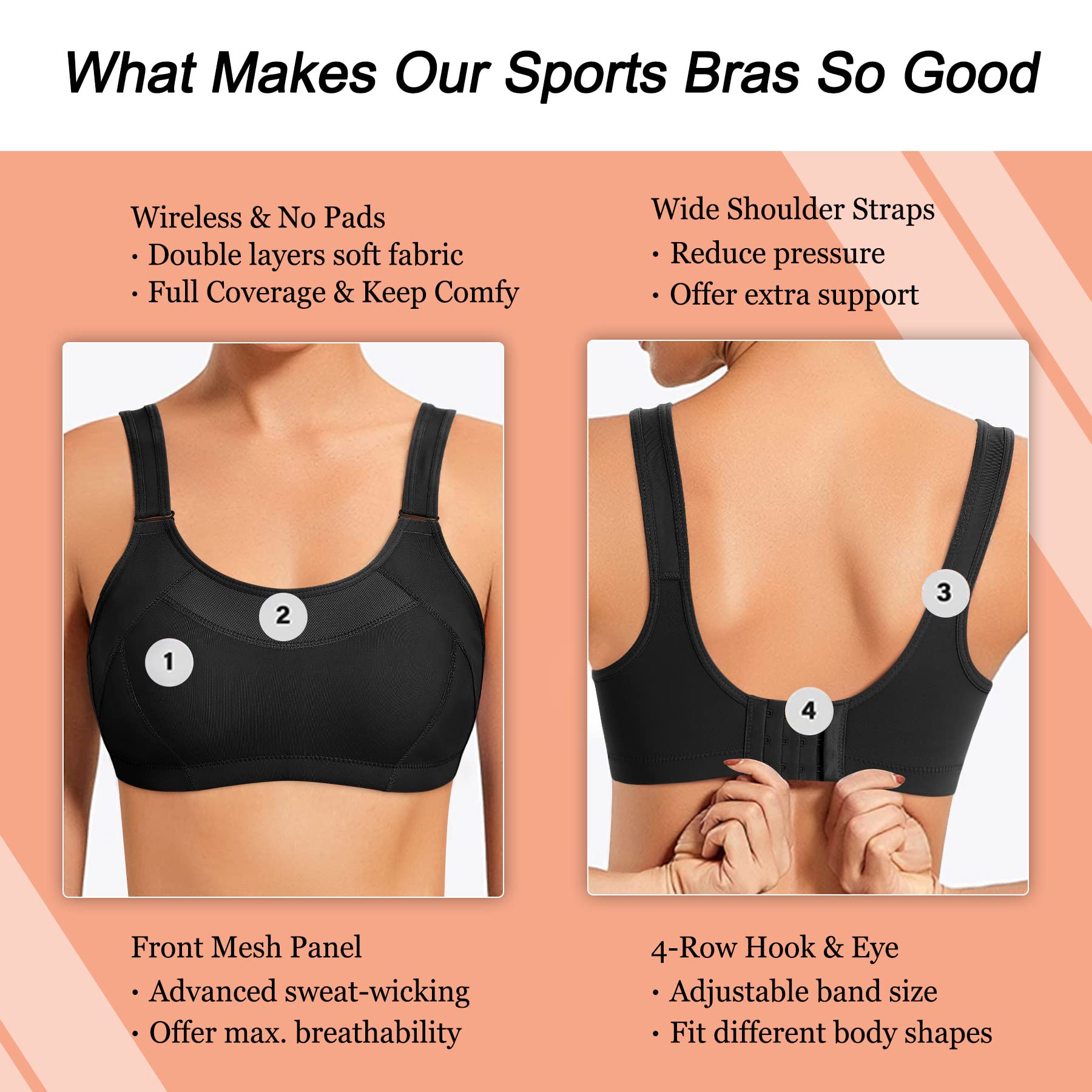 CYDREAM High Impact Support Sports Bra Wireless Padded Full Coverage Racerback Front Adjustable Straps Workout Tops (X-Large, Black)