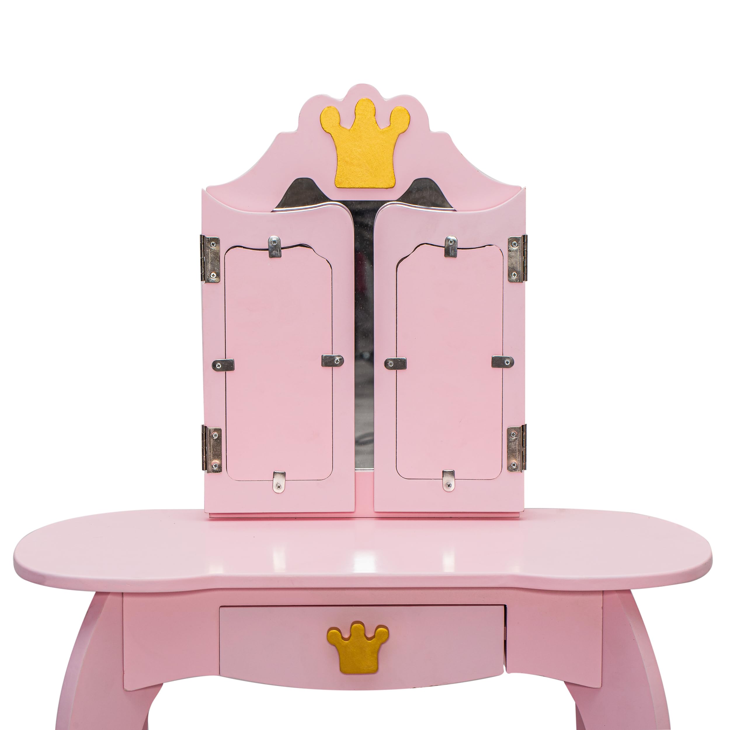 LIZHOUMIL 2-in-1 Princess Makeup Table for Kids - Vanity Set with Mirror, Stool, Tri-Folding Mirror & Drawer - Wooden Pretend Play Dressing Table for Toddler Girls