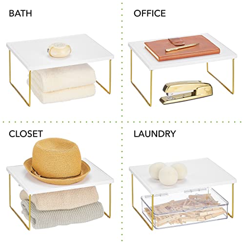 mDesign Metal Stacking Storage Organization for Shelves Inside Cabinet in Kitchen, Pantry, Cupboard, Fridge/Freezer, Organizer Stand for Plates, Bowls, Mugs, Ligne Collection, 4 Pack, White/Soft Brass