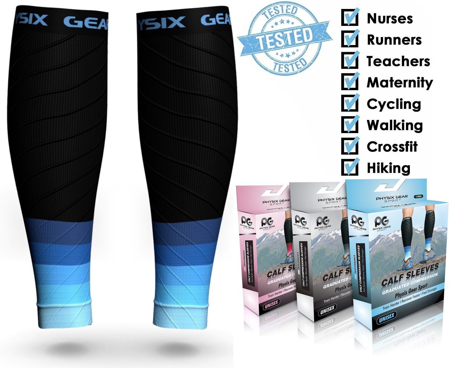 Compression Calf Sleeves Men & Women - Shin Splint Compression Sleeve 20-30mmhg, Best Footless Compression Socks for Calf Pain, Running, Nurses, Pregnancy, Post-Surgery Relief (1 Pair BLK-BLU L/XL)