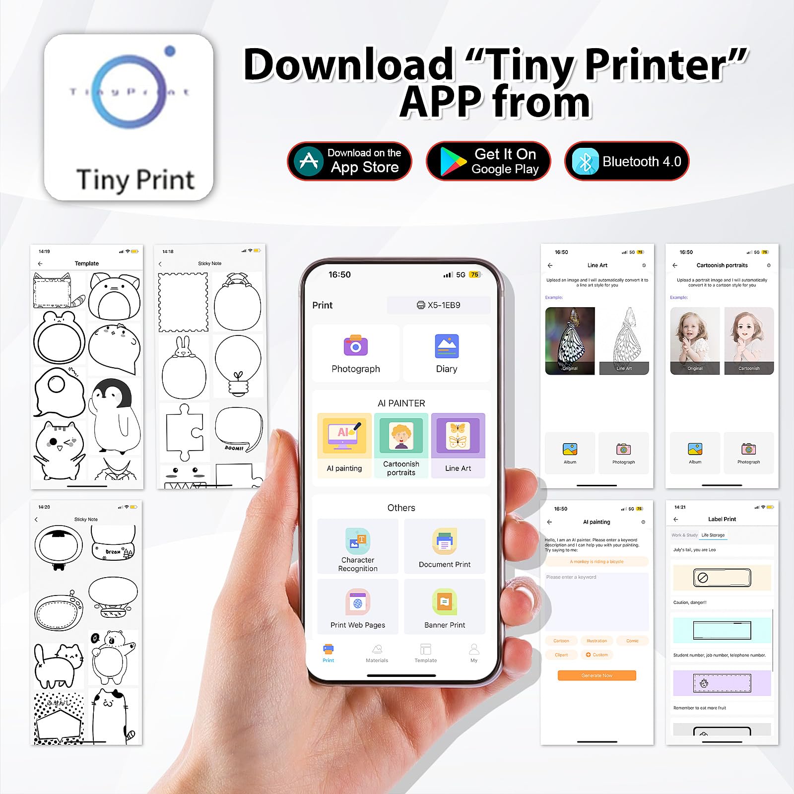 HuiJuKeJi Mini Inkless Printer for iOS&Android with Hard Protection Portable Storage Case,Bluetooth Thermal Pocket Printer with 11 Rolls of Thermal Paper&Sticker to Print Photo Receipt
