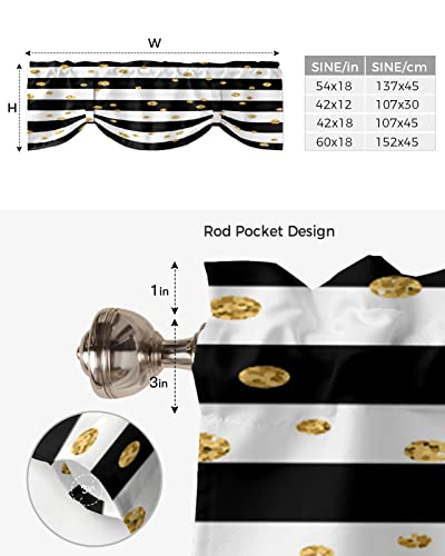 Livencher Tie-Up Valance Curtains for Window - Black and White Stripe Gold Polka Dot Kitchen Valance - Light Filtering Valance Curtains Short Curtains with Adjustable Tie 42"x12"