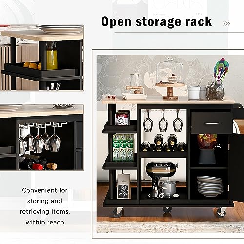 JVIBI Multipurpose Kitchen Cart Cabinet with Side Storage Shelves,Rubber Wood Top, Adjustable Storage Shelves, 5 Wheels, Kitchen Storage Island with Wine Rack for Dining Room, Home,Bar,Black