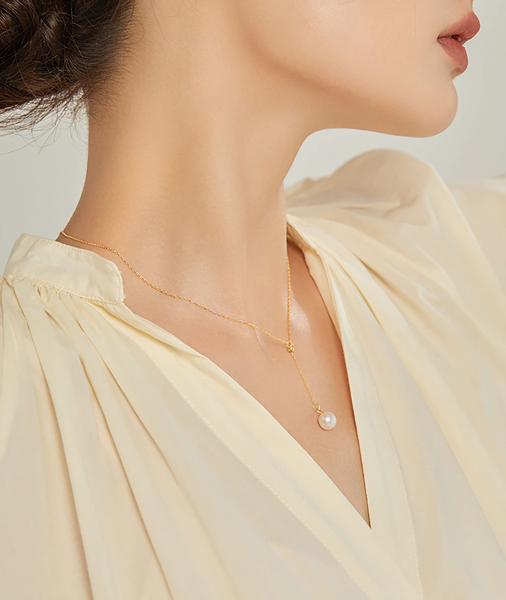 Cowlyn Y-Shaped Necklace 18K Gold Dainty Pearls Pendant Drop Long Chain Jewelry for Women